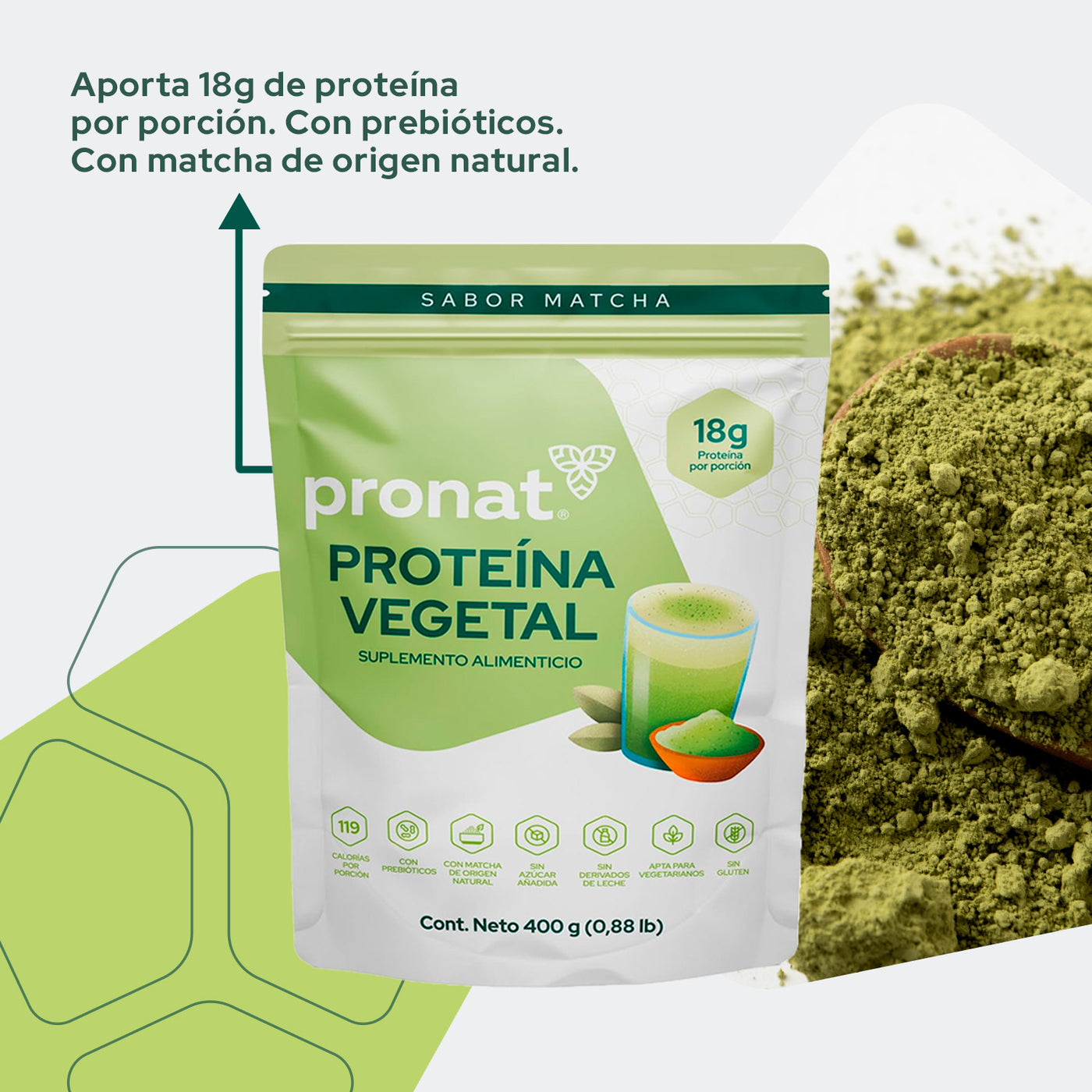 Proteína Vegetal Sabor Matcha, Caja con 12 sobres de 30 gramos — Pronat