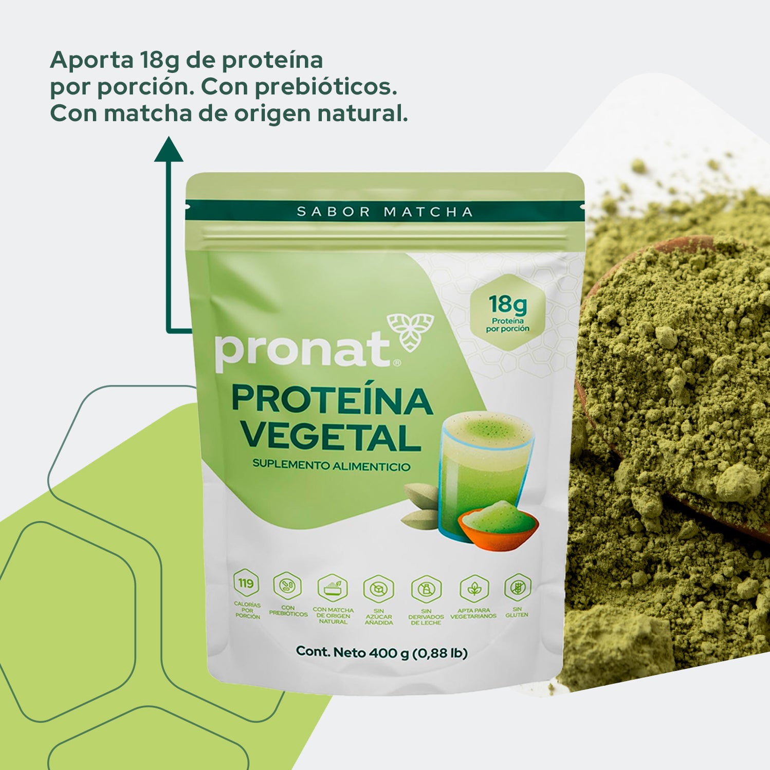 Proteína Vegetal Sabor Matcha, Caja con 12 sobres de 30 gramos — Pronat