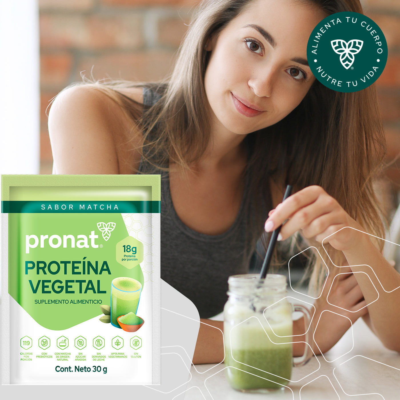 Proteína Vegetal Sabor Matcha, Caja con 12 sobres de 30 gramos — Pronat